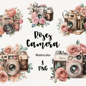 Watercolor Vintage Roses Camera Clipart, Flowers Floral Photo Camera ...
