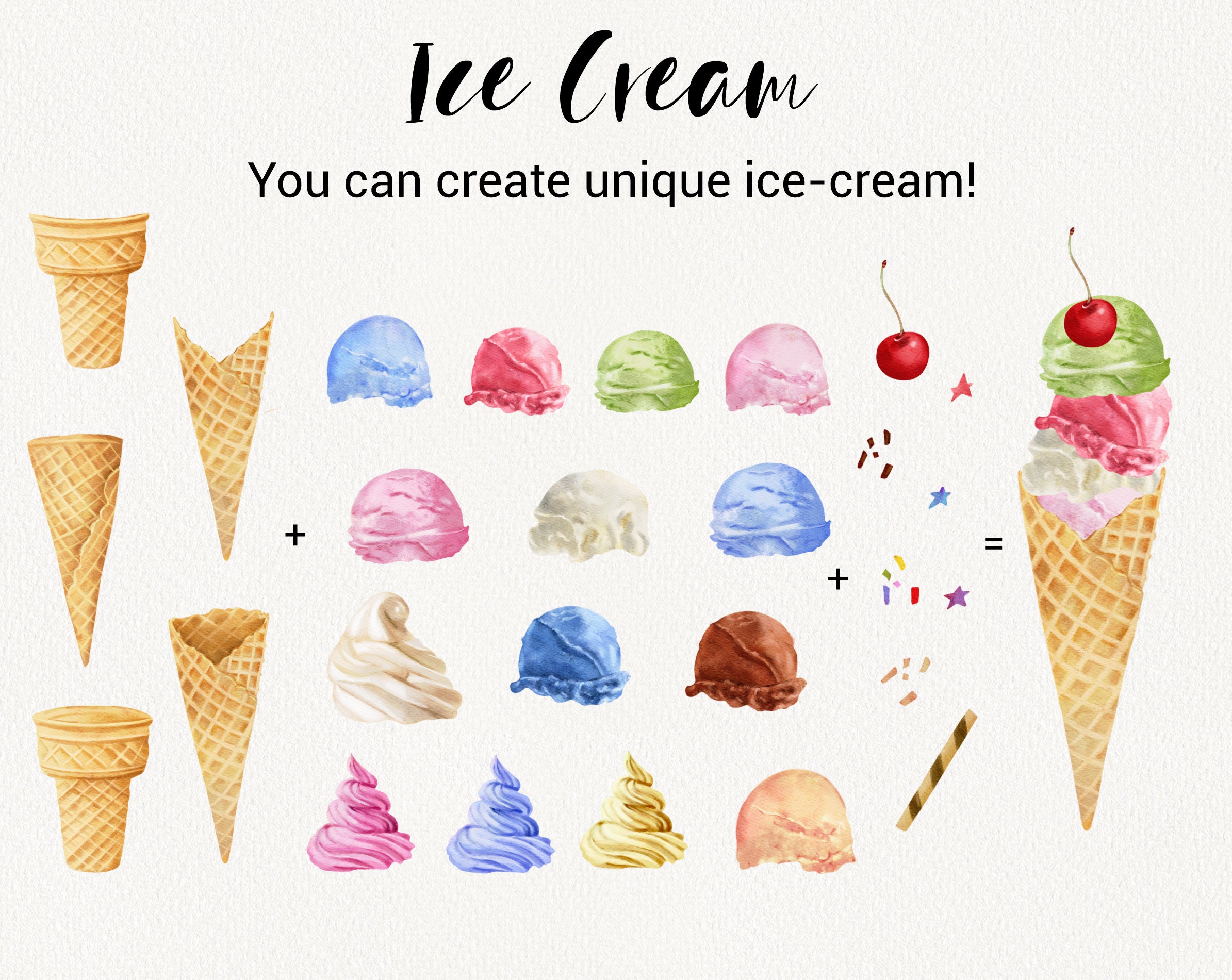 Ice Cream Clipart Watercolor Summer Icecream Waffle Cone - Etsy