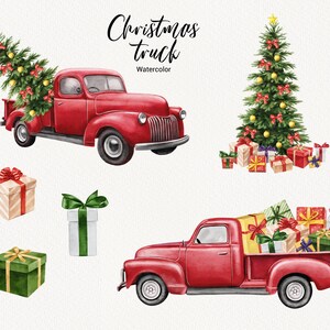 Watercolor Christmas Truck, Vintage Red Pickup With Trees and Gifts ...