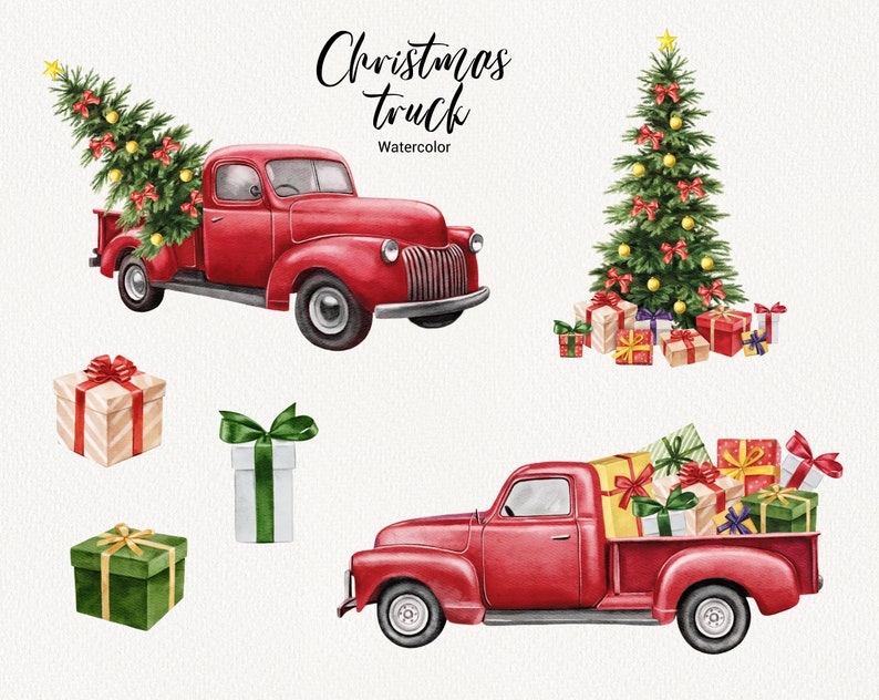 Watercolor Christmas Truck Vintage Red Pickup With Trees and - Etsy