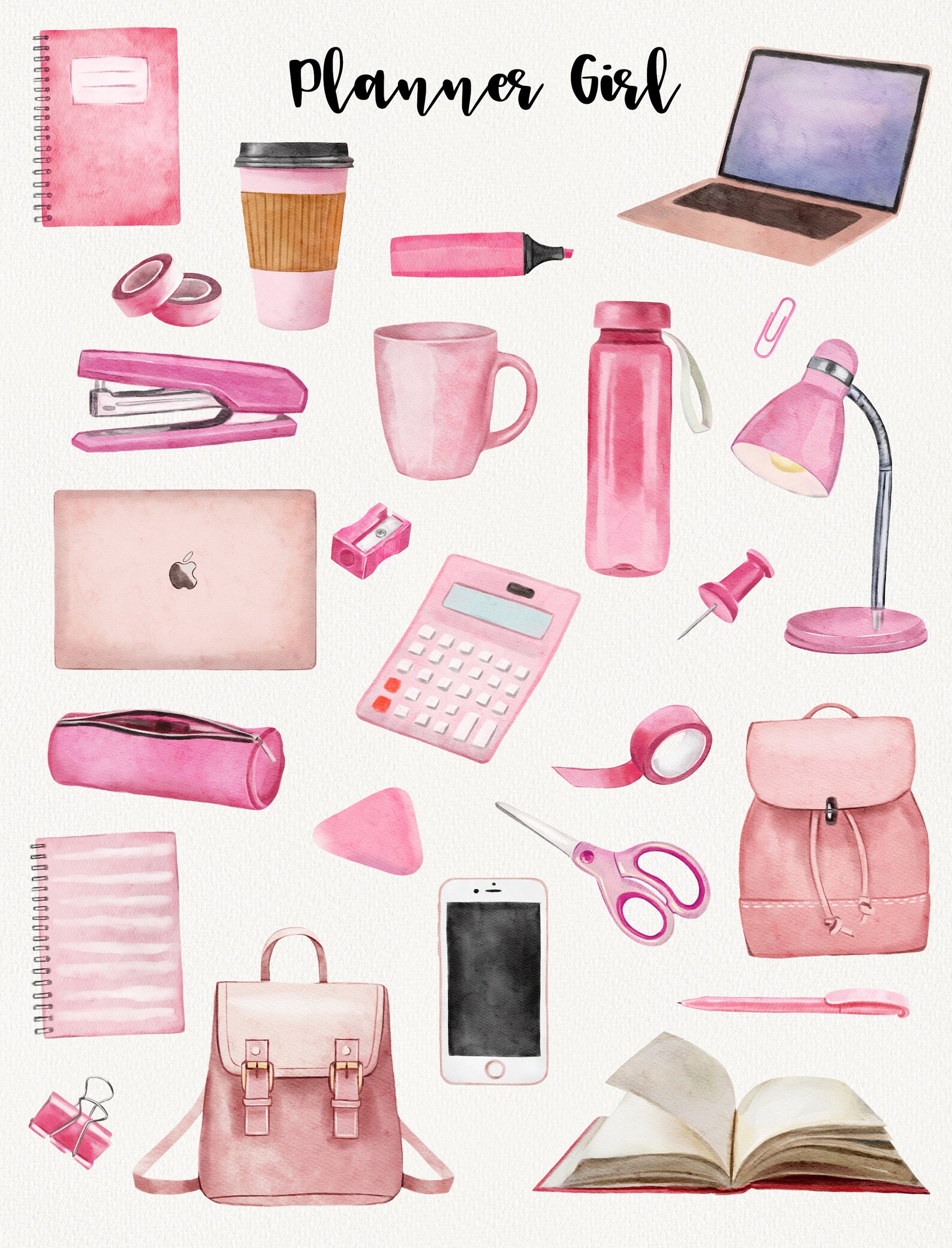 Planner Girl Watercolor Clipart School Supplies Clipart Back - Etsy