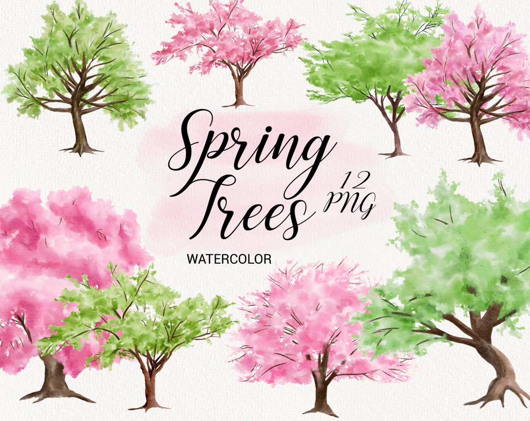Watercolor Spring Trees Clipart, Cherry Blossom Tree Clip Art, Cute ...