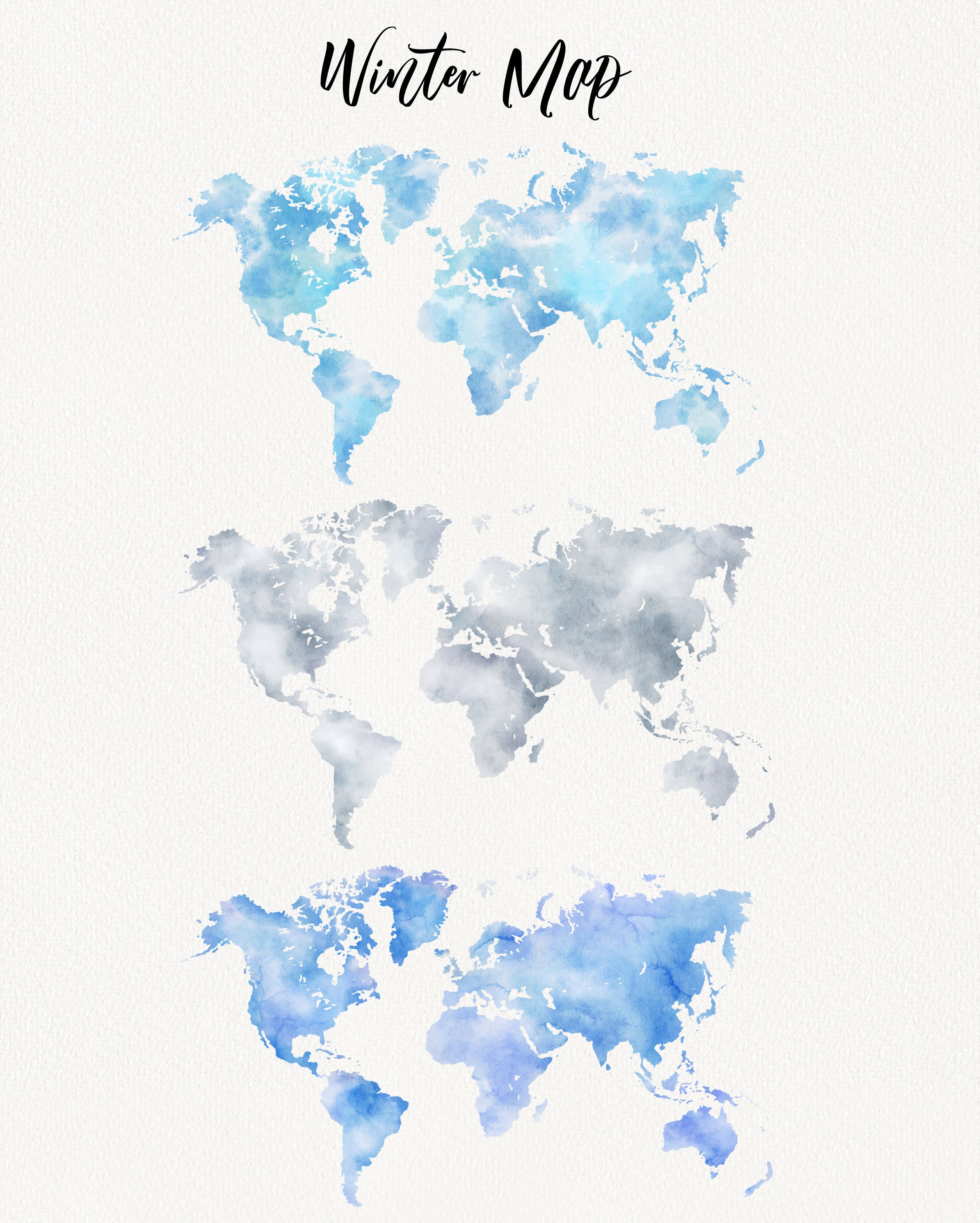 Watercolor World Map Clipart Travel Winter Blue World Map - Etsy UK