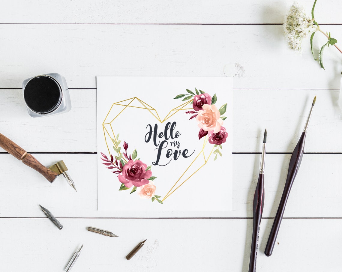 Watercolor Boho Floral Wreath Clipart Burgundy Flowers Gold - Etsy