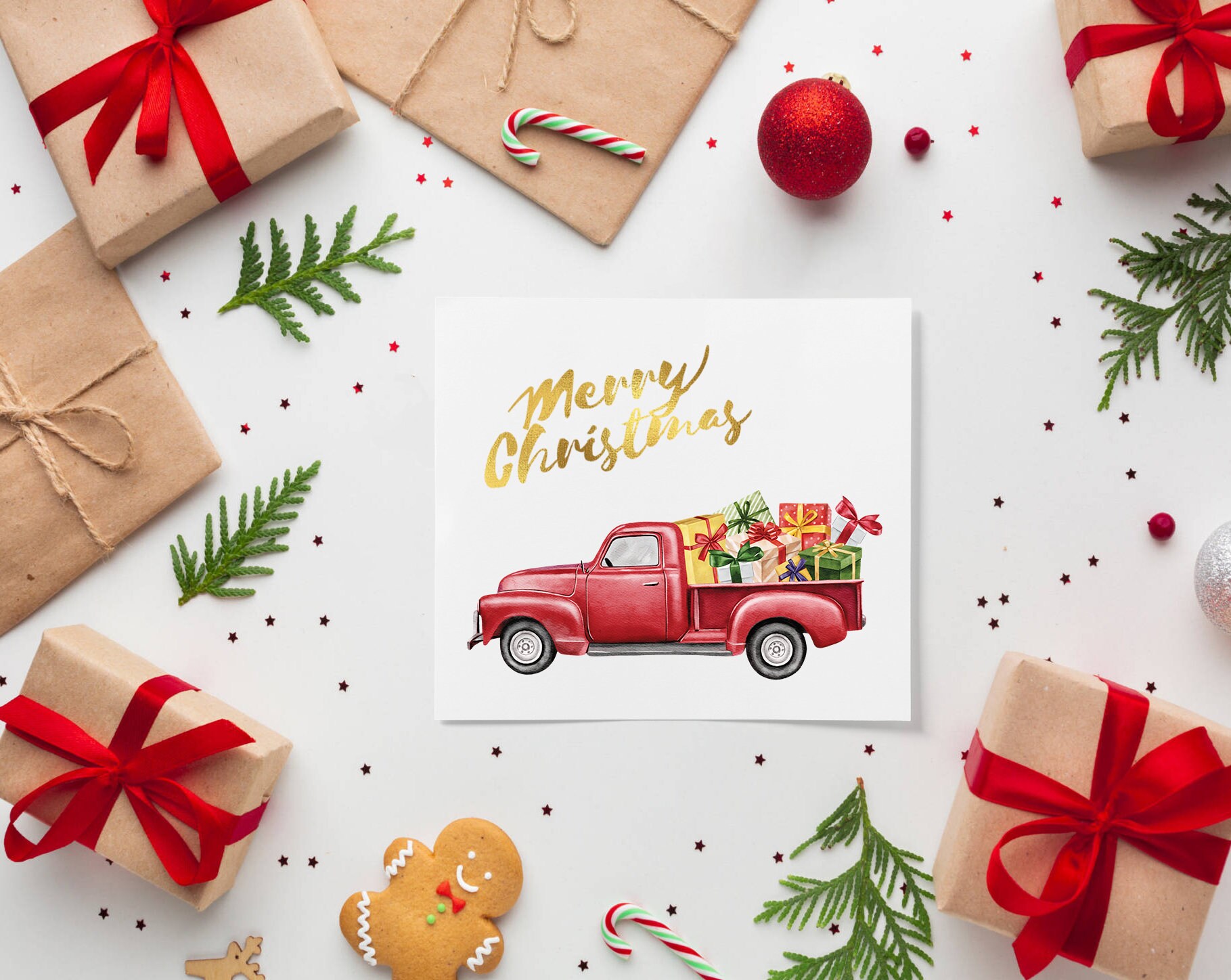 Watercolor Christmas Truck Vintage Red Pickup With Trees and - Etsy