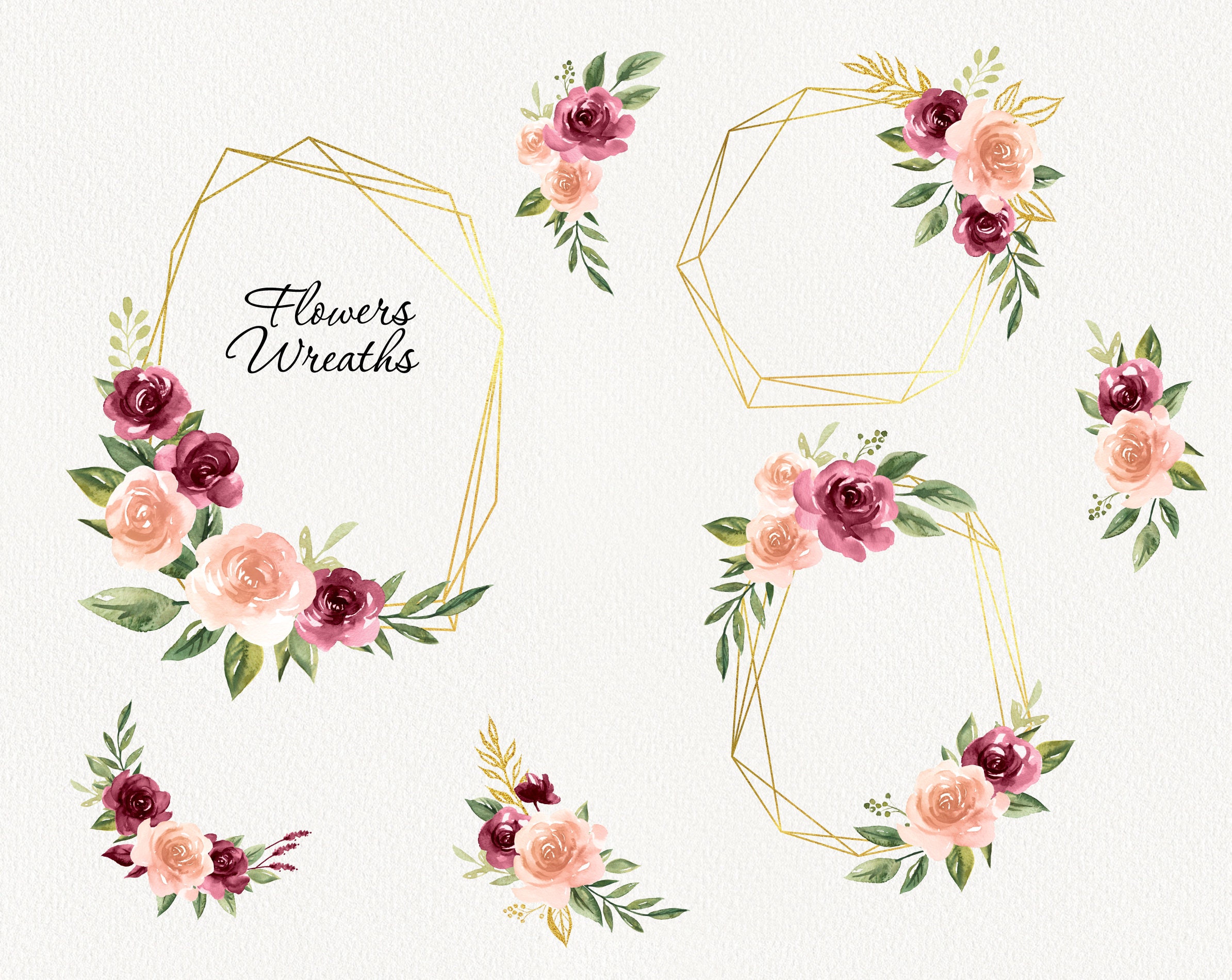 Watercolor Boho Floral Wreath Clipart Burgundy Flowers Gold - Etsy