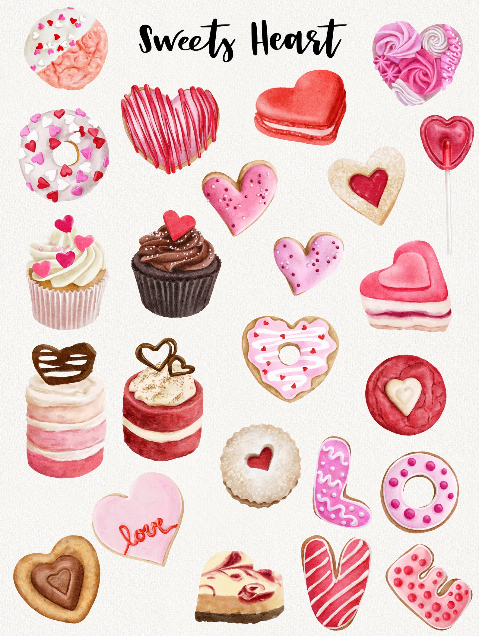 Watercolor Valentines Day Clipart Cute Love Sweets Clip Art - Etsy