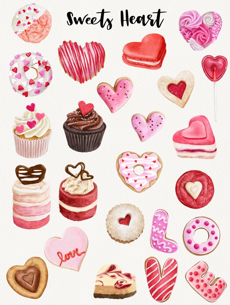 Watercolor Valentines Day Clipart, Cute Love Sweets Clip Art, Red Donut ...