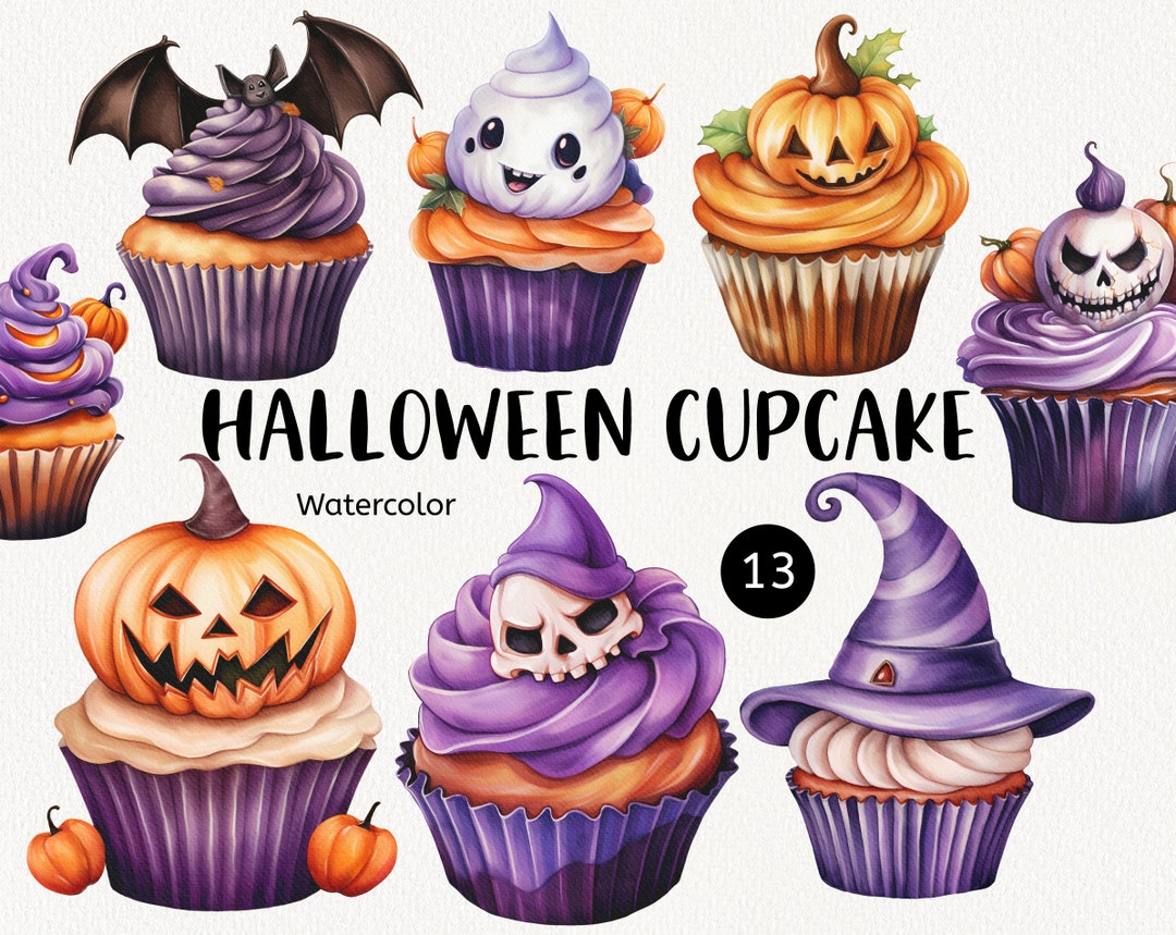 Watercolour Halloween Cupcake Clipart, Cute Candy, Witch Hat, Spooky ...