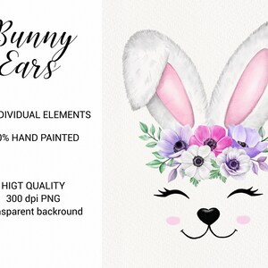 Watercolor Easter Bunny Ears Clipart, Cute Bunny Face Clip Art, Easter ...