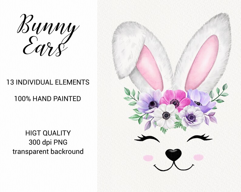 Watercolor Easter Bunny Ears Clipart Cute Bunny Face Clip - Etsy