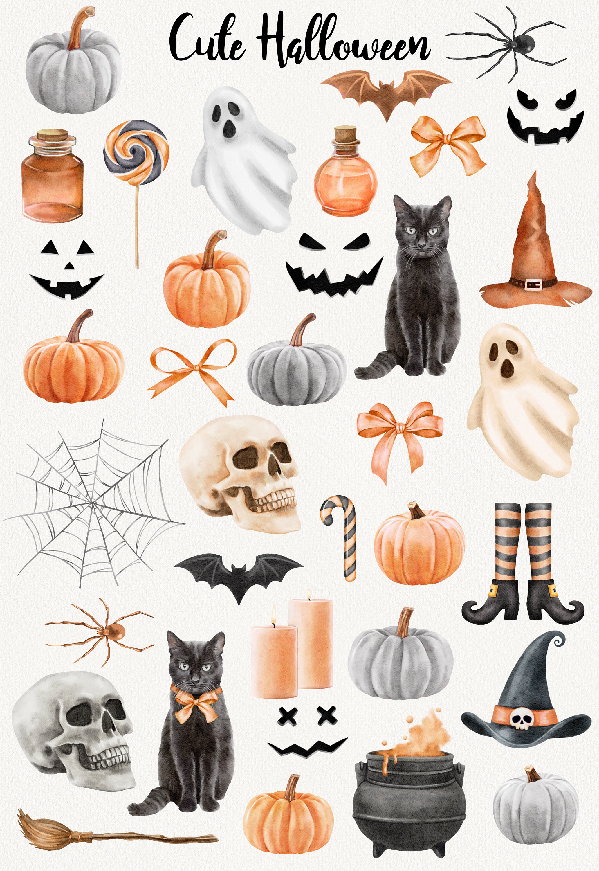 Happy Halloween Clipart, Watercolor Cute Halloween, Pumpkin Cat Witch ...