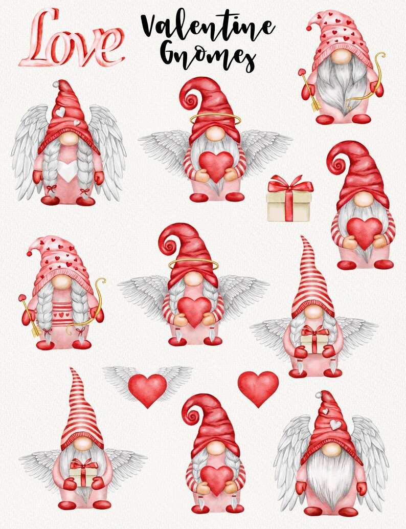Valentine Day Gnomes Clipart Watercolor Love Gnome and Red - Etsy