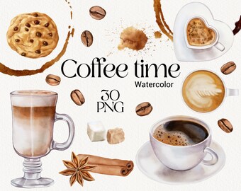 Watercolor Coffee Clipart, Coffee Beans, Cup of Cappuccino, Stains ...
