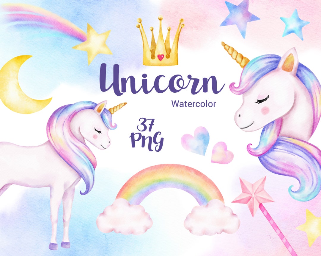 Unicorn Watercolor Clipart, Rainbow Clip Art, Woodland Animals ...