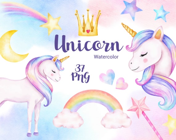Unicorn Watercolor Clipart Rainbow Clip Art Woodland - Etsy