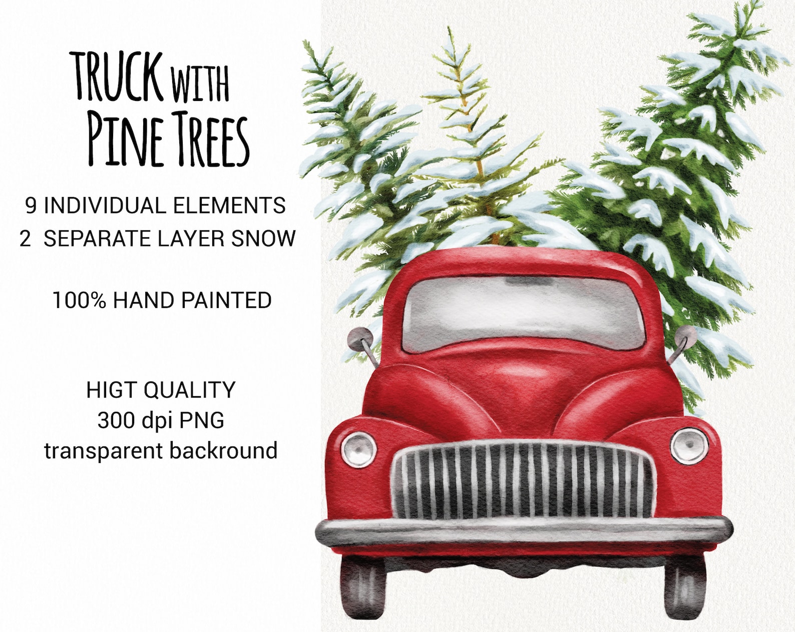 Watercolor Christmas Truck Vintage Red Pickup With Trees Clip - Etsy