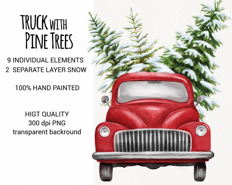 Watercolor Christmas Truck, Vintage Red Pickup With Trees Clip Art ...