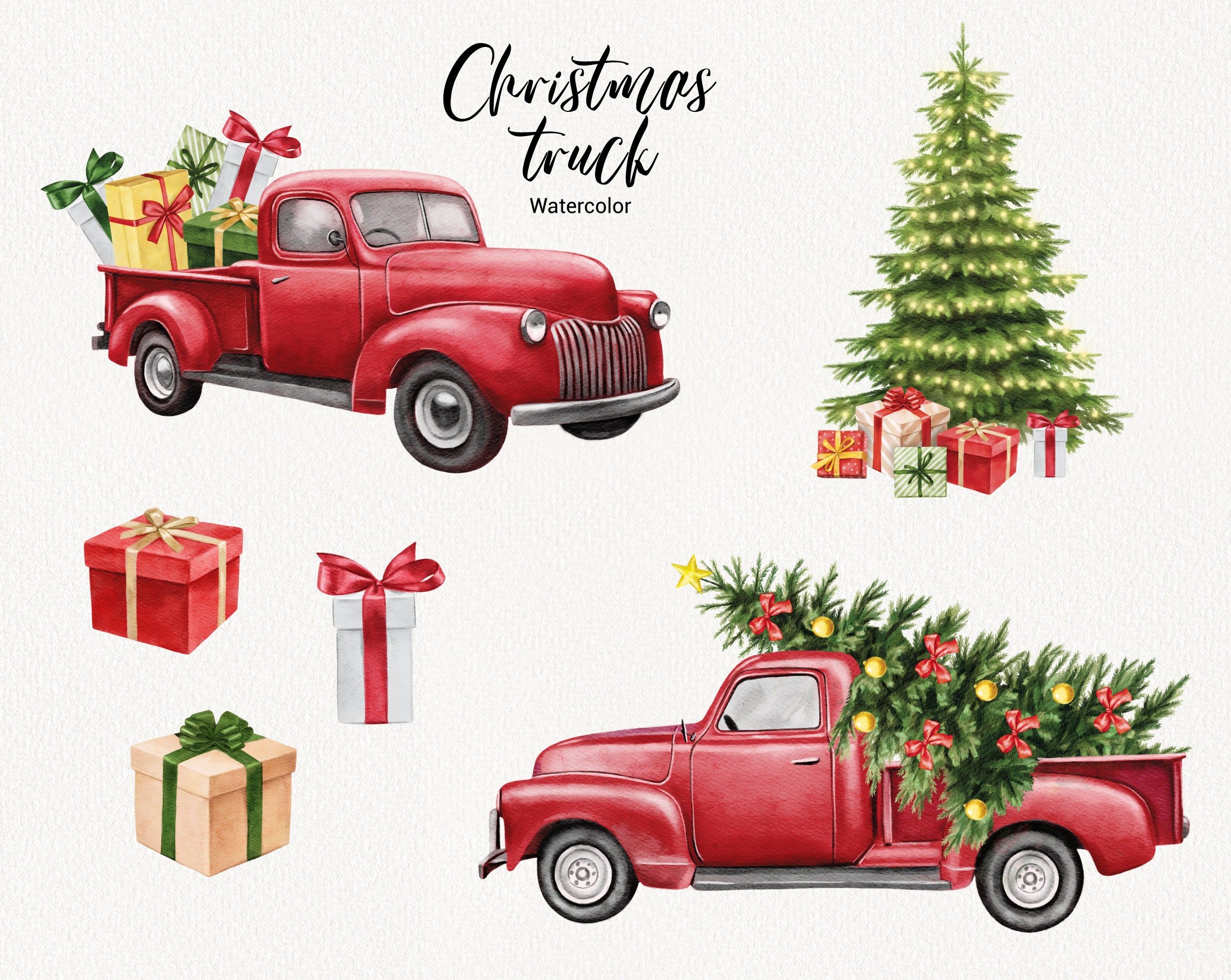 Watercolor Christmas Truck Vintage Red Pickup With Trees and - Etsy