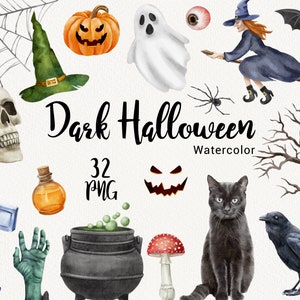 Happy Halloween Clipart, Watercolor Pumpkin, Tree, Witch Hat, Fall ...