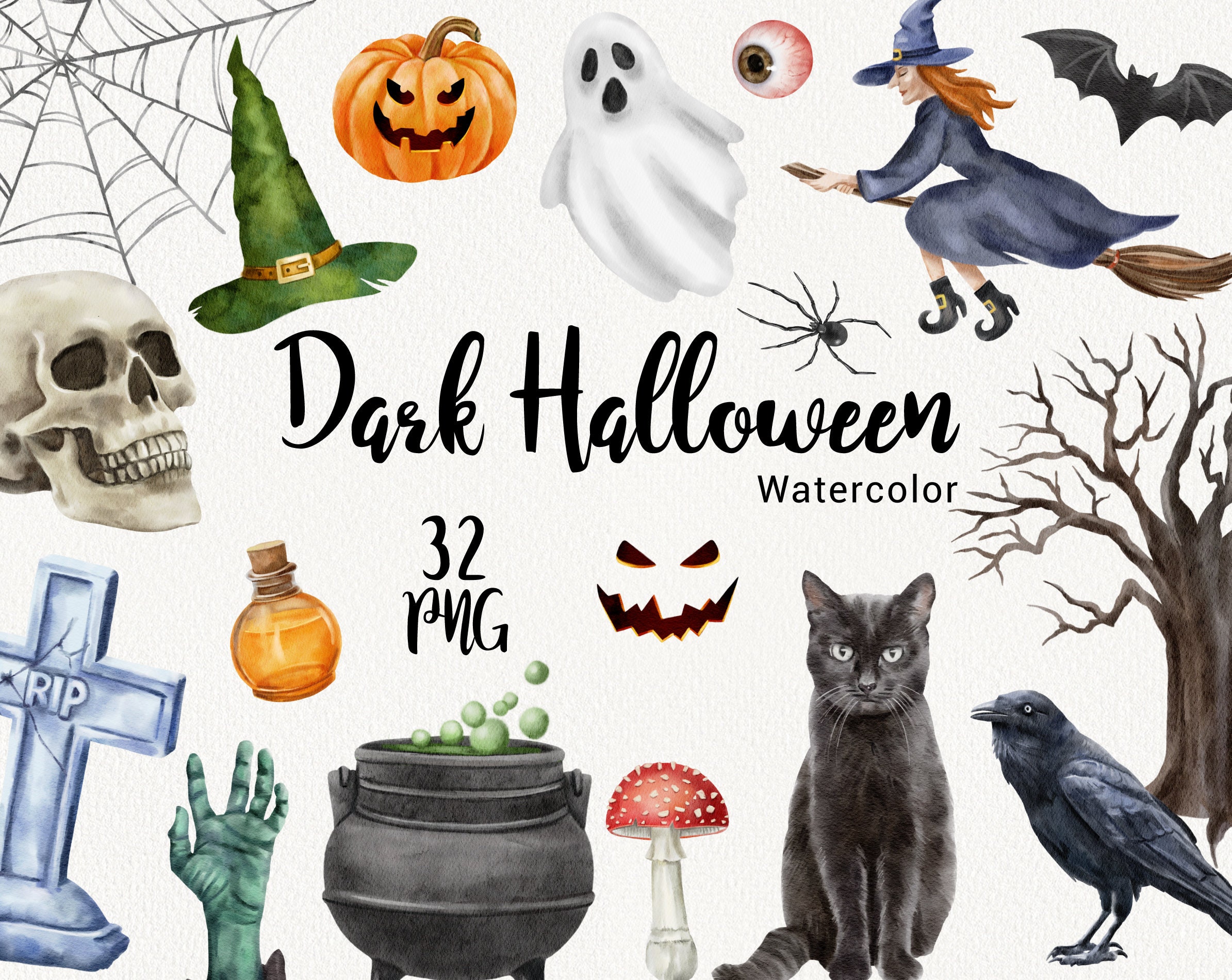 Happy Halloween Clipart Watercolor Pumpkin Tree Witch Hat - Etsy