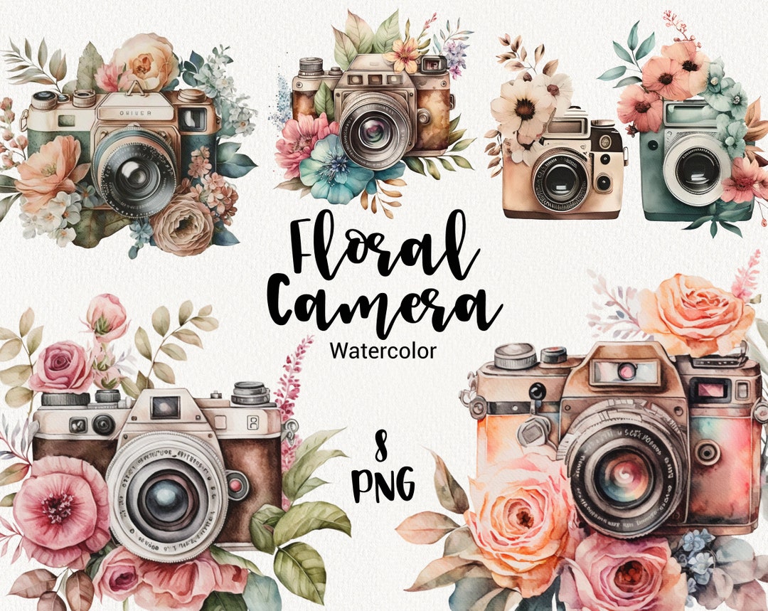 Watercolor Vintage Floral Camera Clipart, Flowers Photo Camera, Summer ...
