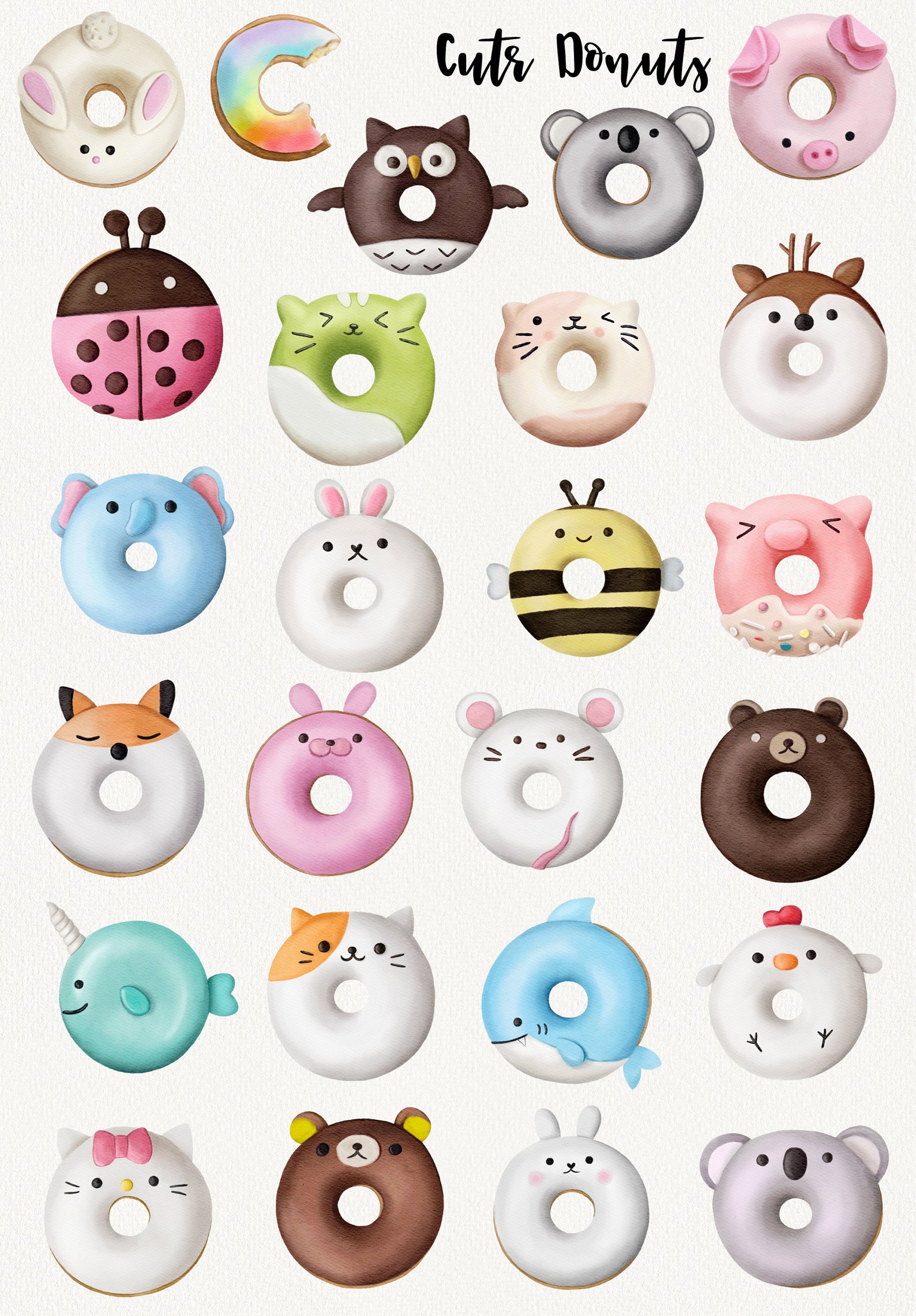 Watercolor Donuts Clipart, Cute Animal Donut Clip Art, Kids Birthday ...