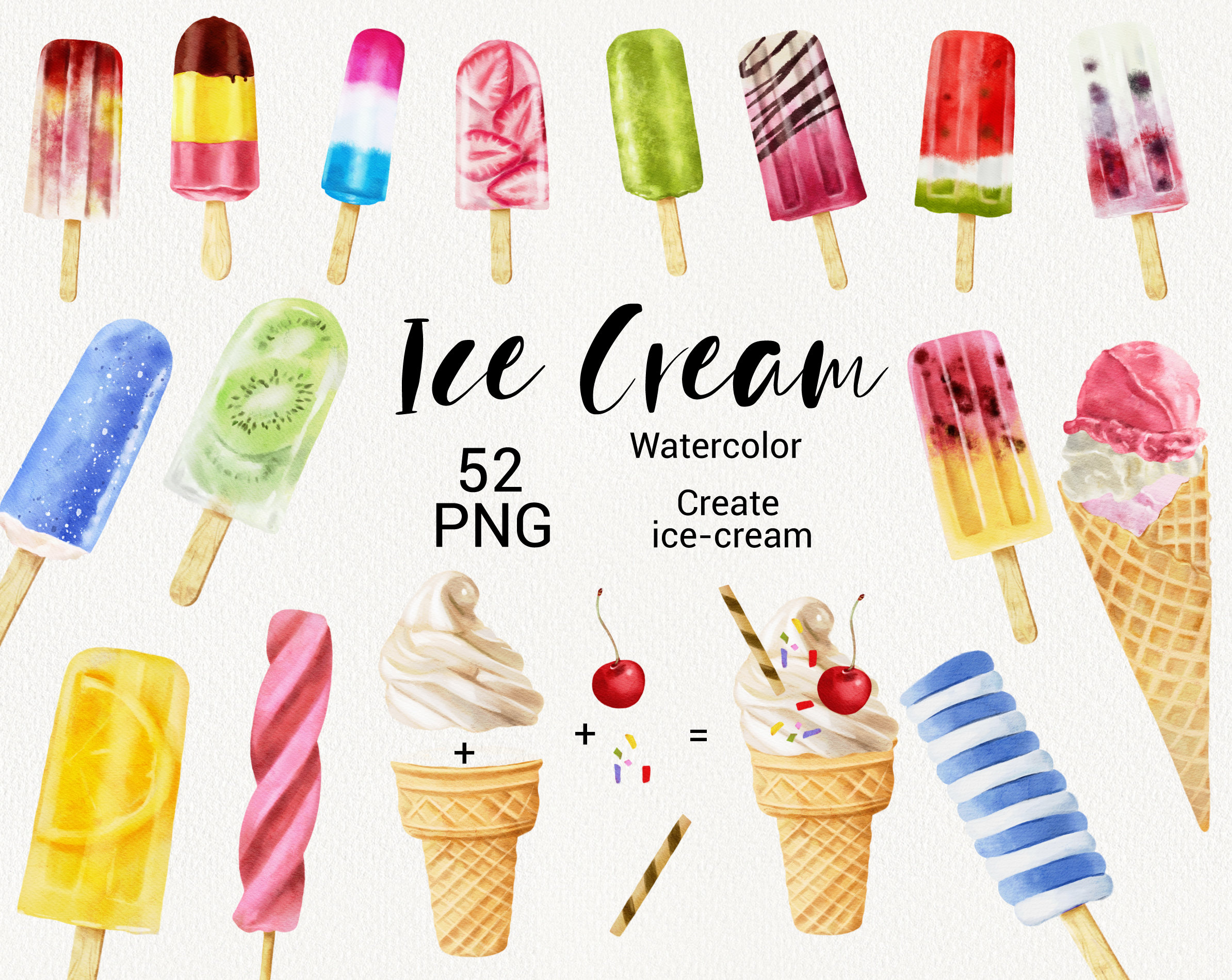 Ice Cream Clipart, Watercolor Summer Icecream, Waffle Cone, Popsicle ...