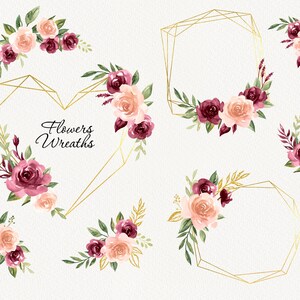 Watercolor Boho Floral Wreath Clipart, Burgundy Flowers, Gold Geometric ...