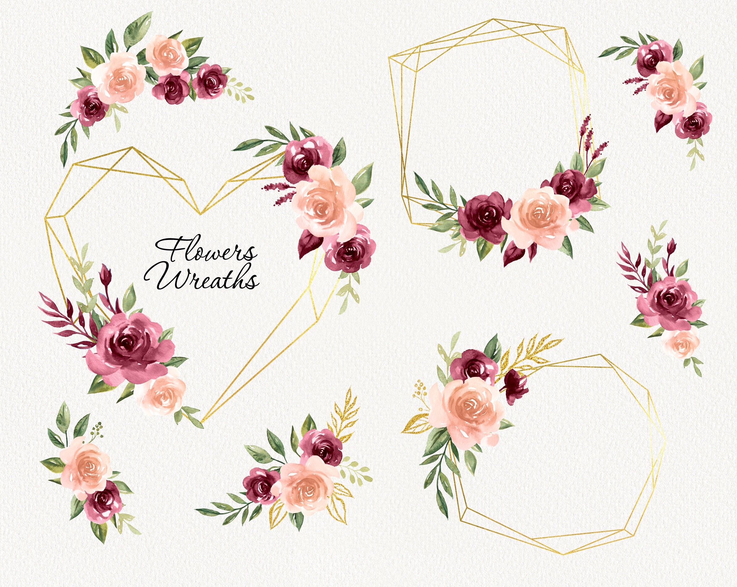Watercolor Boho Floral Wreath Clipart Burgundy Flowers Gold - Etsy