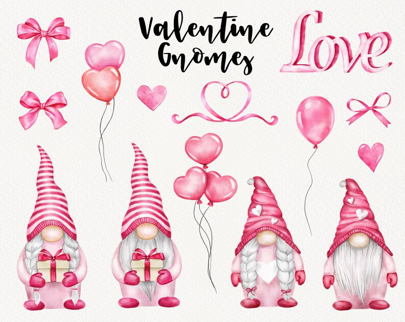 Valentine Day Gnomes Clipart, Watercolor Scandinavian Gnomes and Pink ...