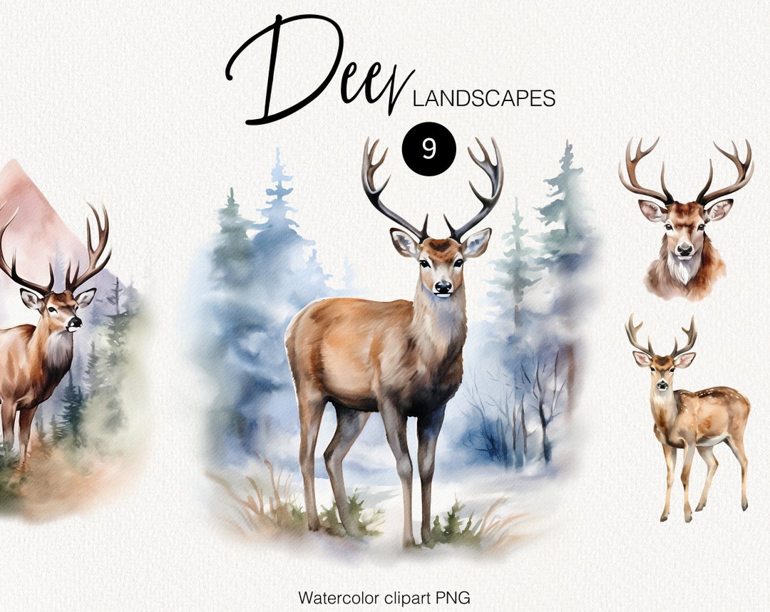 Watercolor Deer Clipart, Winter Mountain Forest Landscape, Wild Animals ...