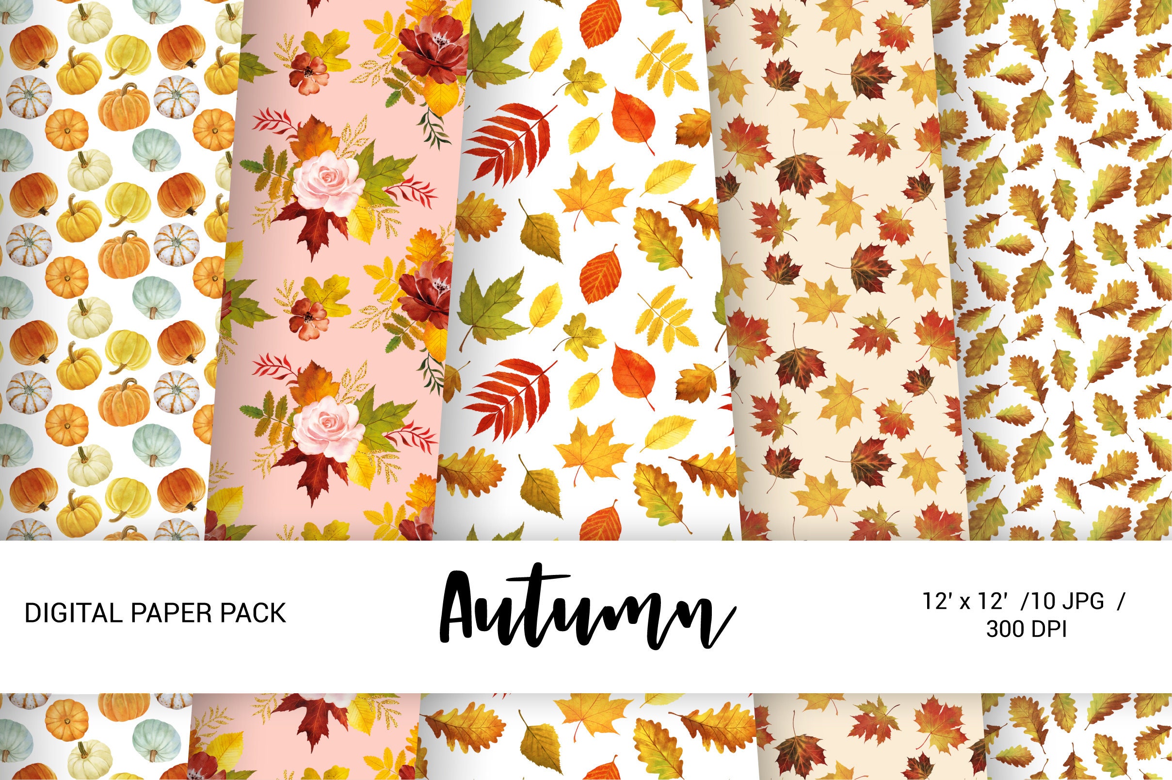 Autumn Floral Digital Paper. Fall Watercolor Autumn Pumpkins - Etsy