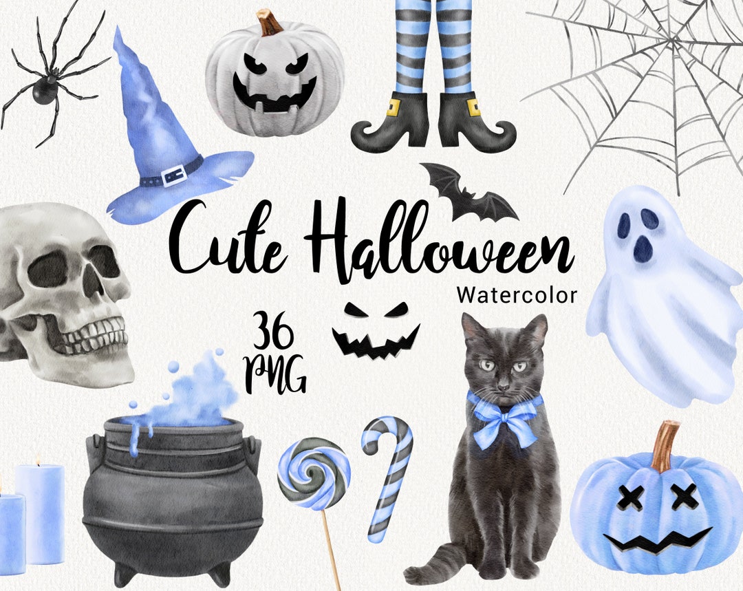 Happy Halloween Clipart, Watercolor Cute Blue Halloween, Pumpkin Cat ...
