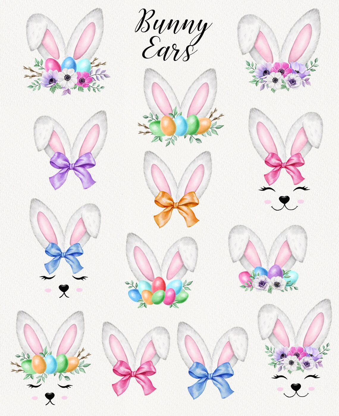 Watercolor Easter Bunny Ears Clipart, Cute Bunny Face Clip Art, Easter ...