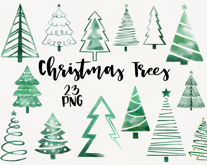 Christmas Tree Clipart, Watercolor Trees Doodles, Winter Holiday Design ...