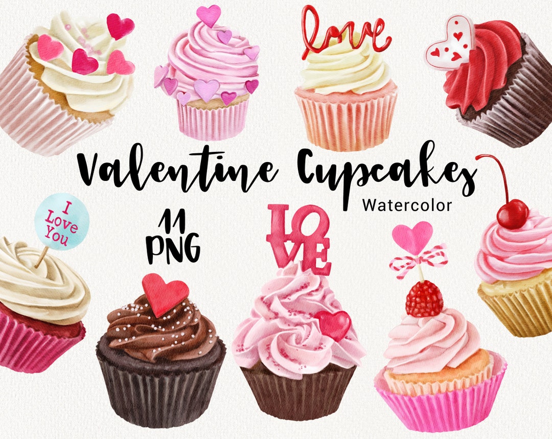 Watercolor Valentines Day Clipart, Cute Cupcakes, Love Sweets Clip Art ...