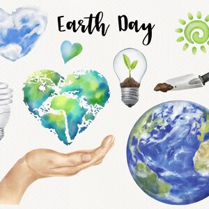 Watercolor Earth Day Clipart, Ecological Icons, Greenery Clipart, Love ...