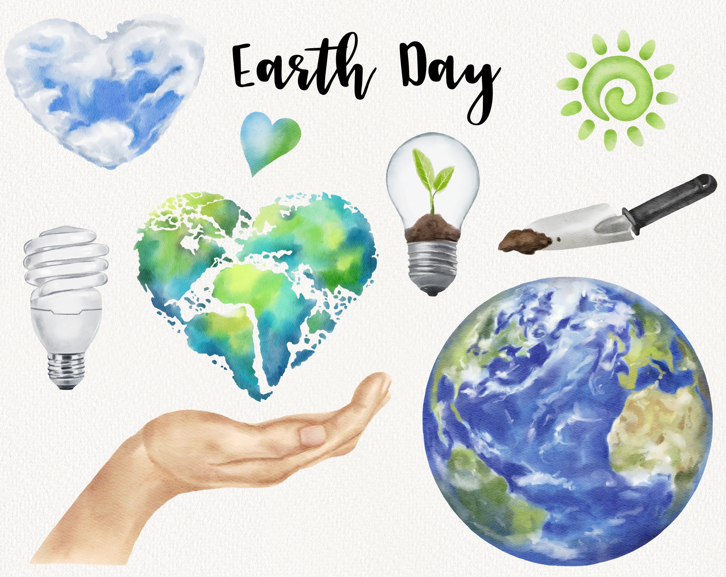 Watercolor Earth Day Clipart, Ecological Icons, Greenery Clipart, Love ...