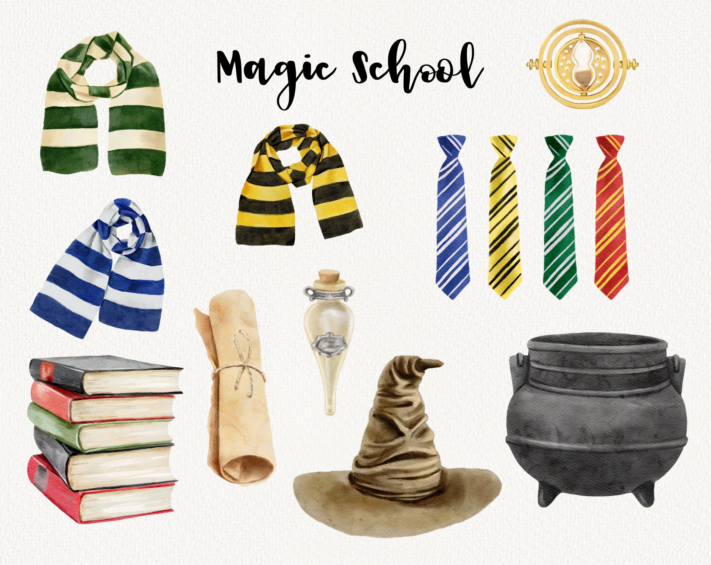 Watercolor Magic School Clipart, Witch Supplies, Wizard Academy Clip ...