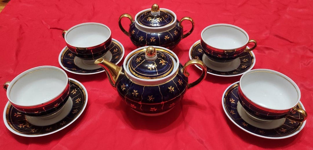 Antique Porcelain Soviet Gilded Hand Painted Tea Set cobalt Flower ...