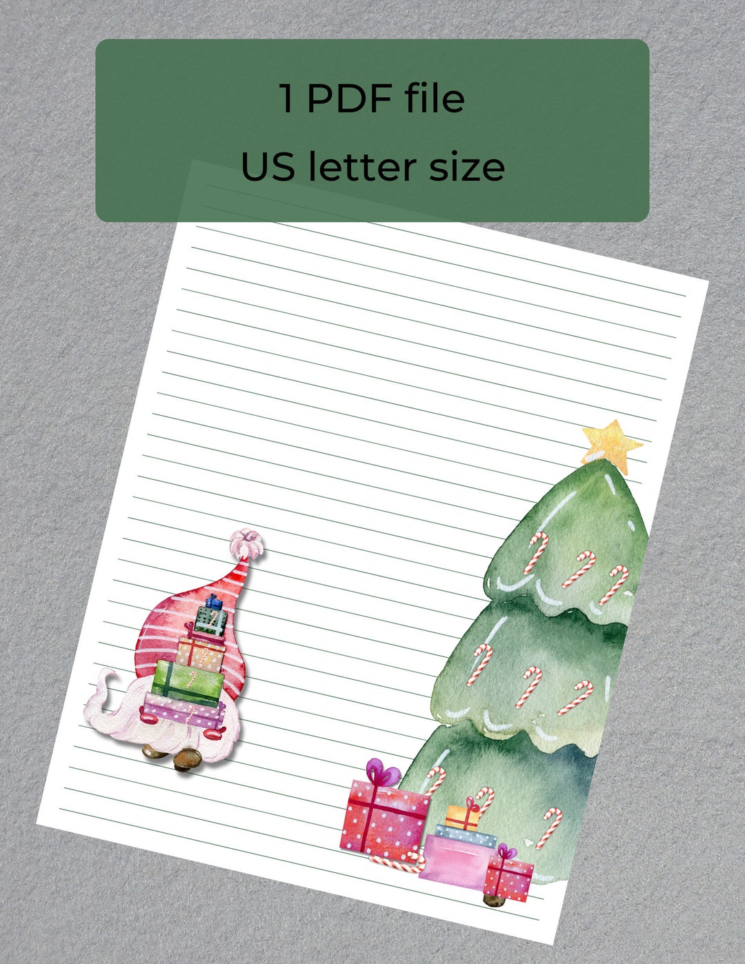 Printable Christmas Gnome Stationery Paper, US Letter Size, Wide Ruled ...