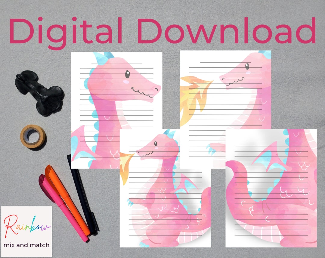 Printable Watercolor Pink Dragon Stationery Close Ups US Letter Size ...