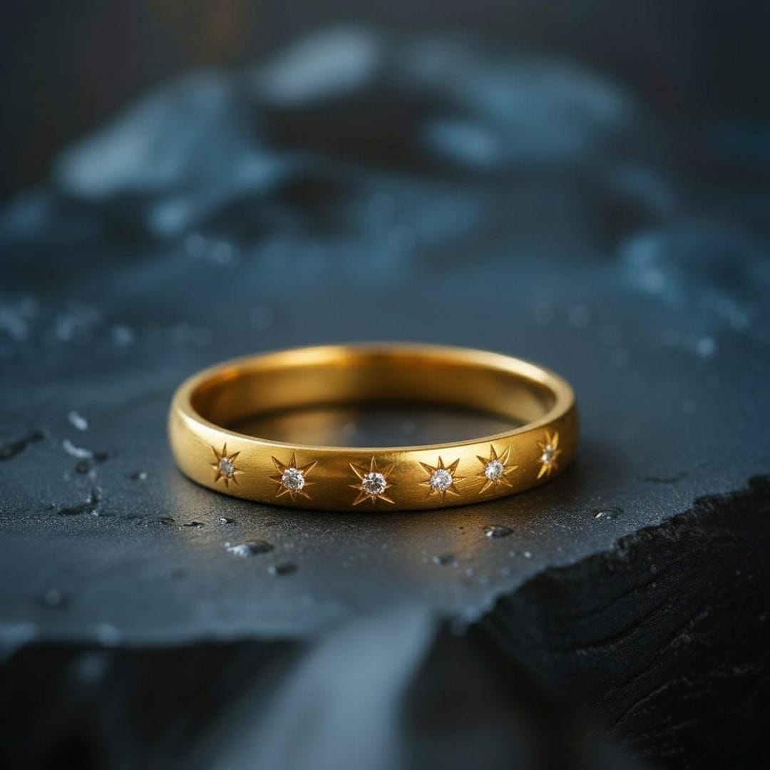 Vintage Star Engraved Ring: Yellow Gold Celestial Band, Moissanite - Etsy