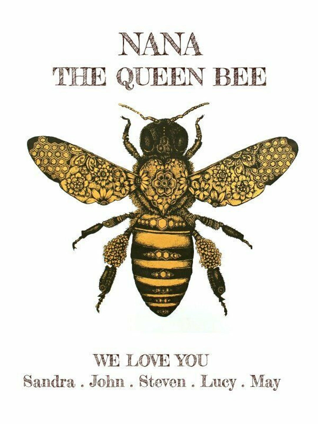 Personalised Queen Bee Bumble Bee Word Art Print Great Gift Mum Nan A4 ...