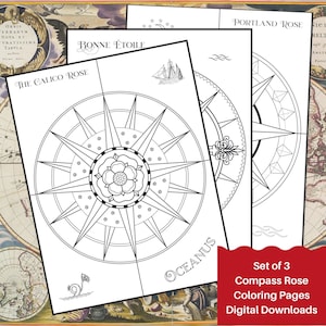 Bundle of 3 Compass Rose Digital Printable Coloring Pages US Letter ...