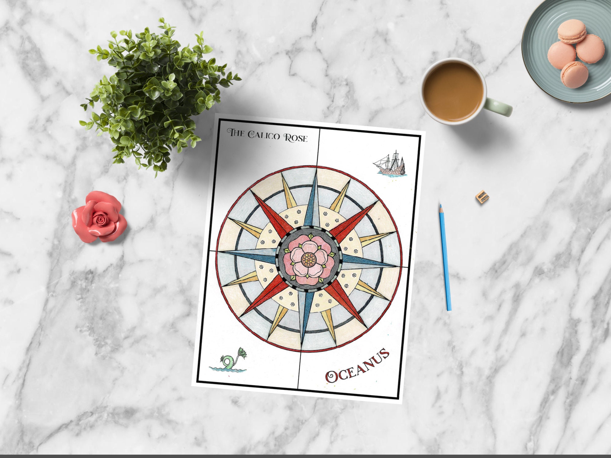 Bundle of 3 Compass Rose Digital Printable Coloring Pages US Letter ...