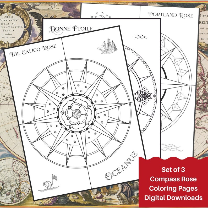 Bundle of 3 Compass Rose Digital Printable Coloring Pages US Letter ...