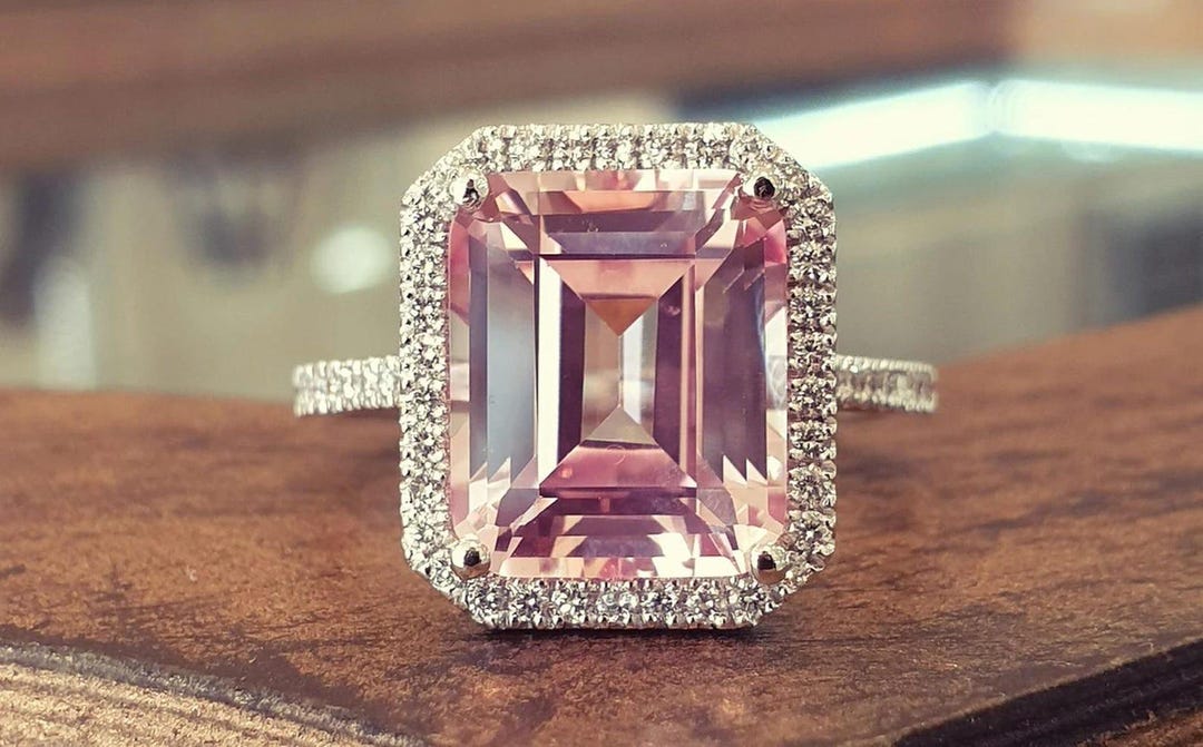 Light Pink Emerald Cut Halo Ring: Vintage Style Moissanite Engagement ...