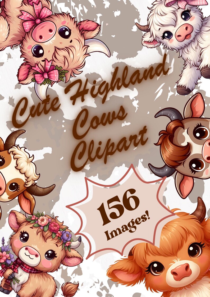 Cute Highland Cow Clipart | Farm Animal PNG Graphics (digital Download ...